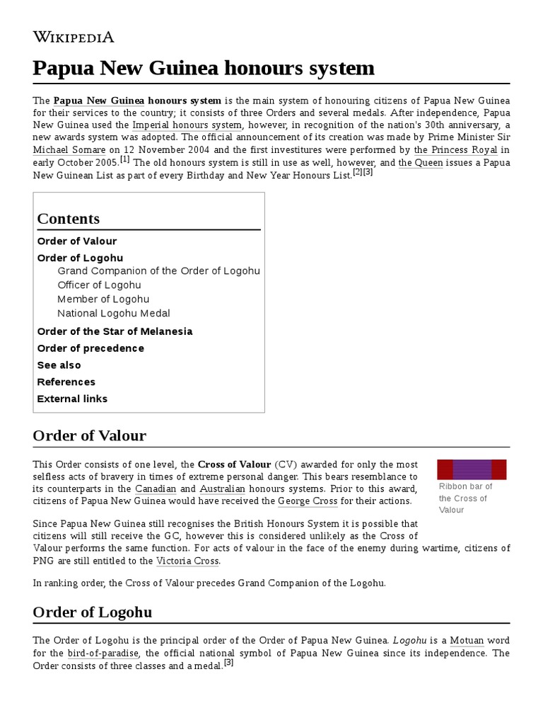 Papua New Guinea Honours System: Order of Valour Order of Logohu | PDF ...