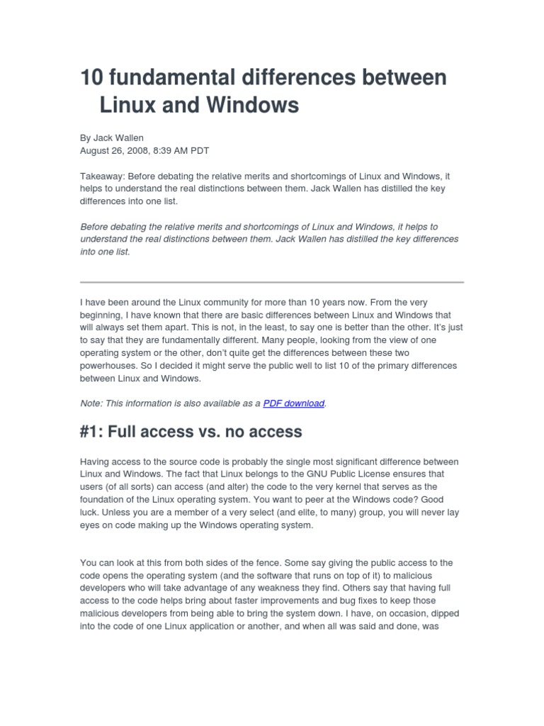 10 Fundamental Differences Between Linux and Windows: #1: Full Access vs. No Access | PDF ...