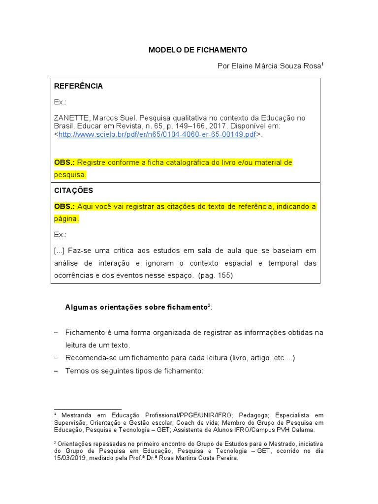 Modelo de Fichamento | PDF | Autor | Science