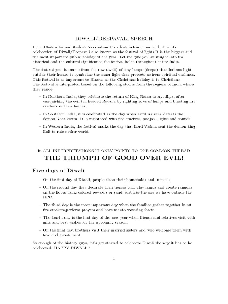 Diwali/Deepavali Speech: The Triumph of Good Over Evil! | PDF