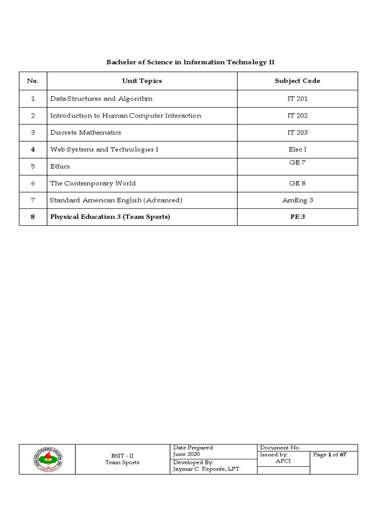Bachelor of Science in Information Technology II No. Unit Topics ...