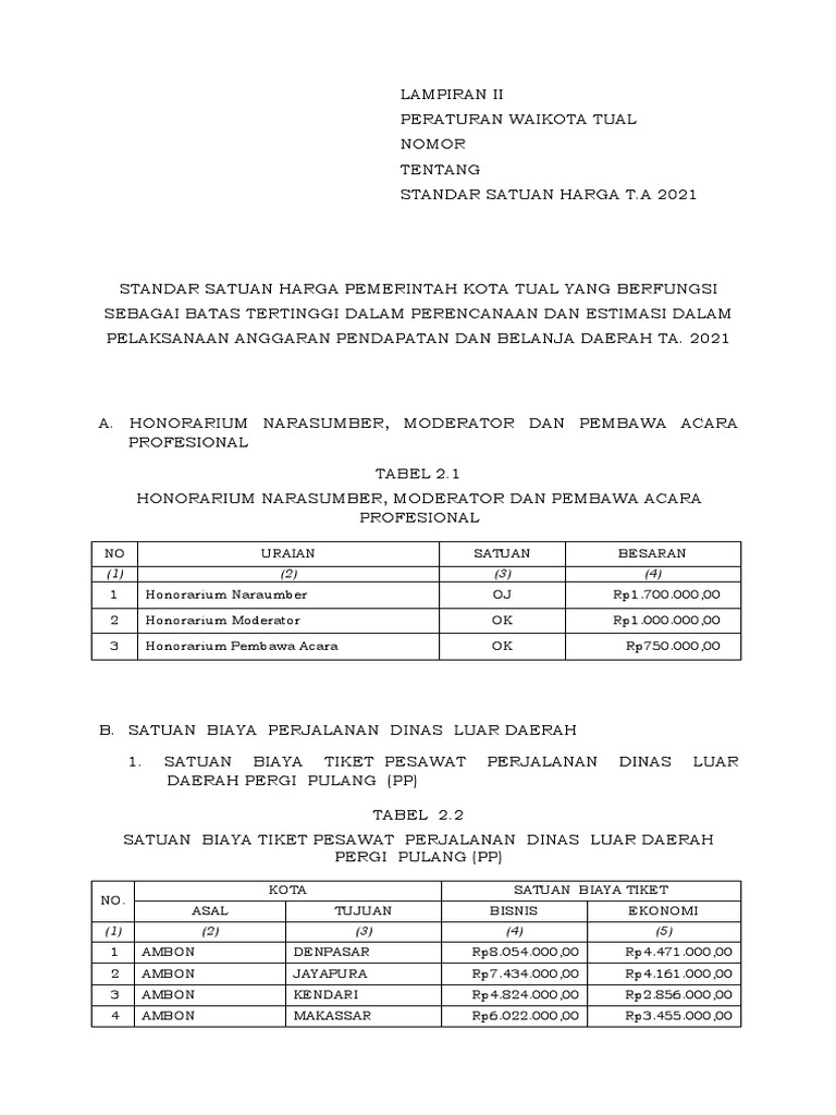 02 Lampiran Ii Standar Satuan Harga Pemkot Tual Ta 2021 | PDF