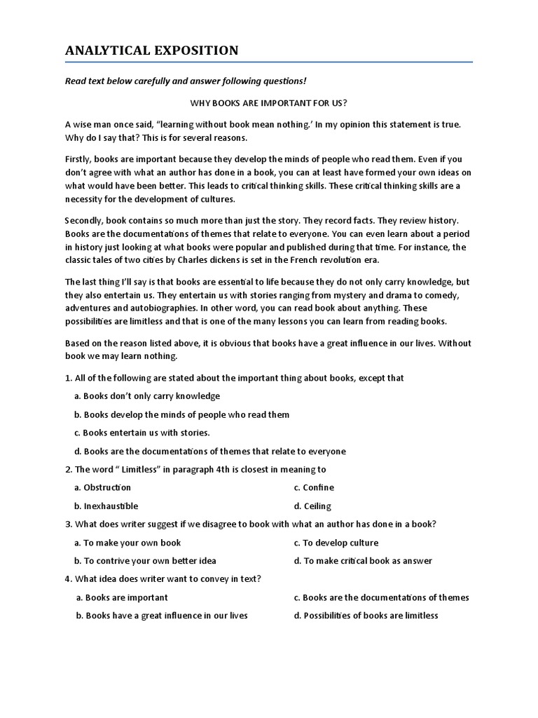 ANALYTICAL EXPOSITION Reading Comprehension | PDF | Reason | Critical ...