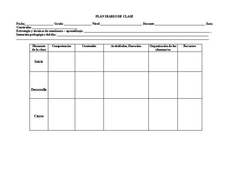 Plan Diario de Clase: Formato y Ejemplo | PDF