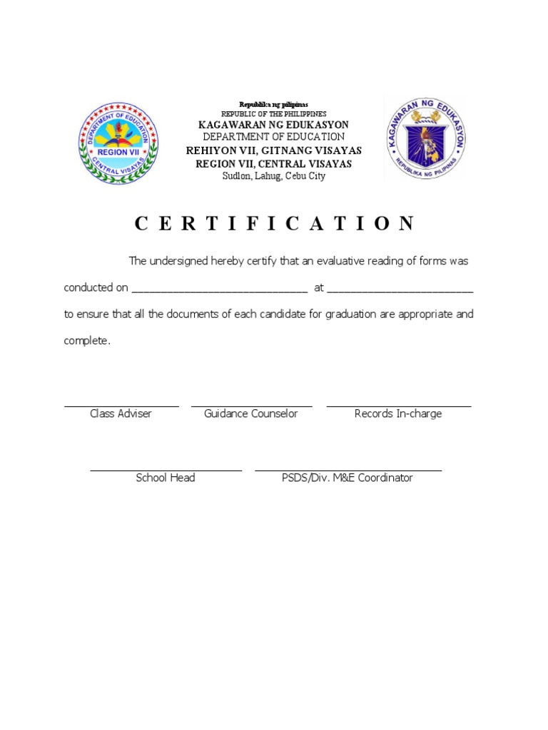 Certification On Evaluation SO Reading 2 | PDF