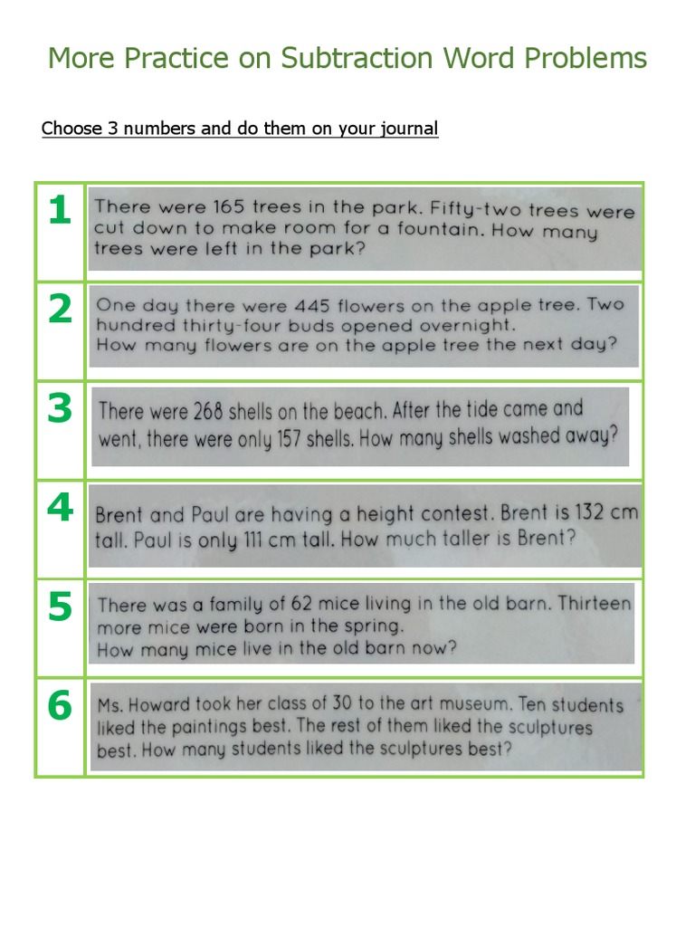 More Practice On Subtraction Word Problems: Choose 3 Numbers and Do ...