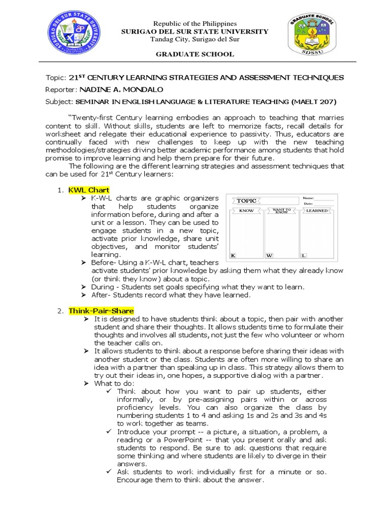 21st Century Learning Strategies and Assessment Techniques (Written ...