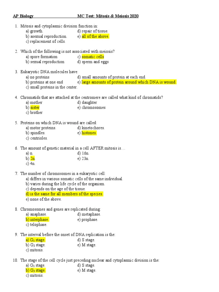 Ap Cell Division and Reproduction MC | PDF | Meiosis | Mitosis