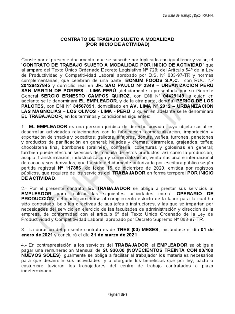 Contrato de Trabajo Sujeto A Modalidad (Inicio de Actividad) | Descargar gratis PDF | Derecho ...