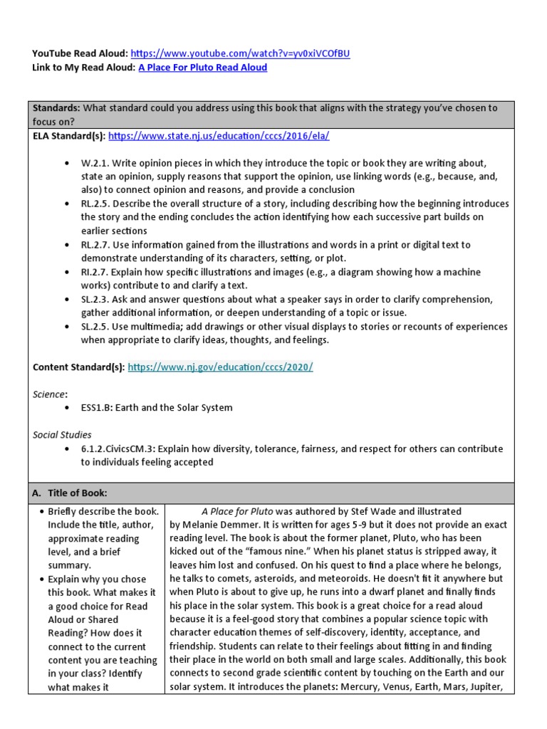 A Place For Pluto Read Aloud 3 Lesson Plan Template 3105 1 3 | PDF ...