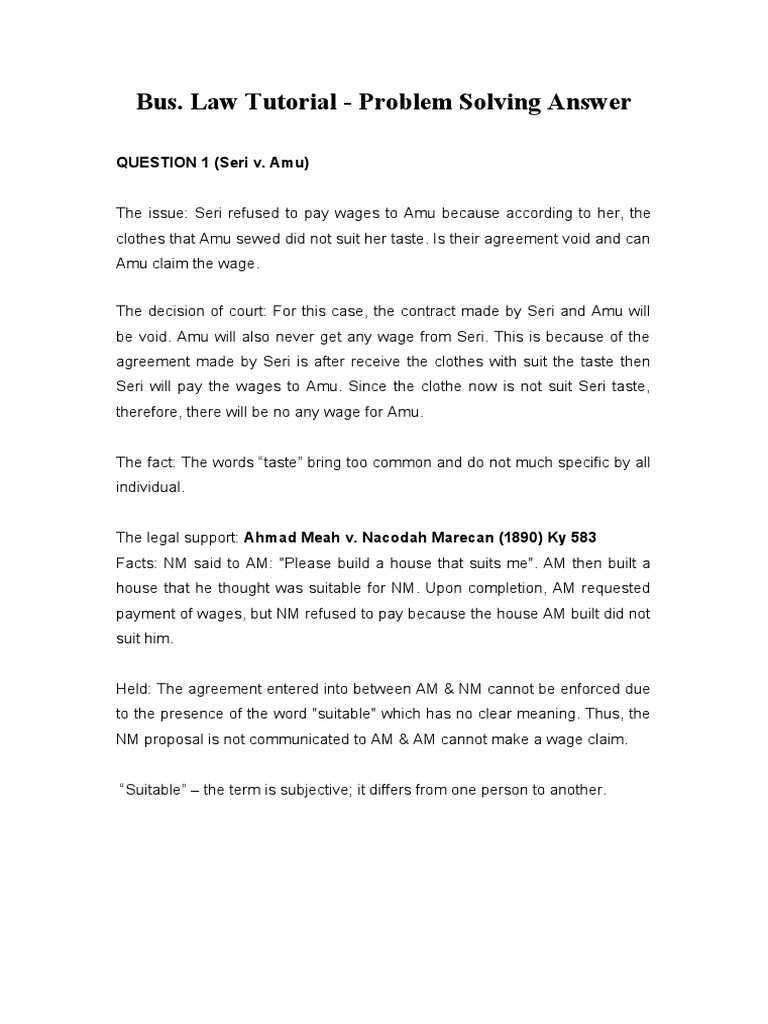 Bus. Law Tutorial - Problem Solving Answer Key | PDF | Offer And ...