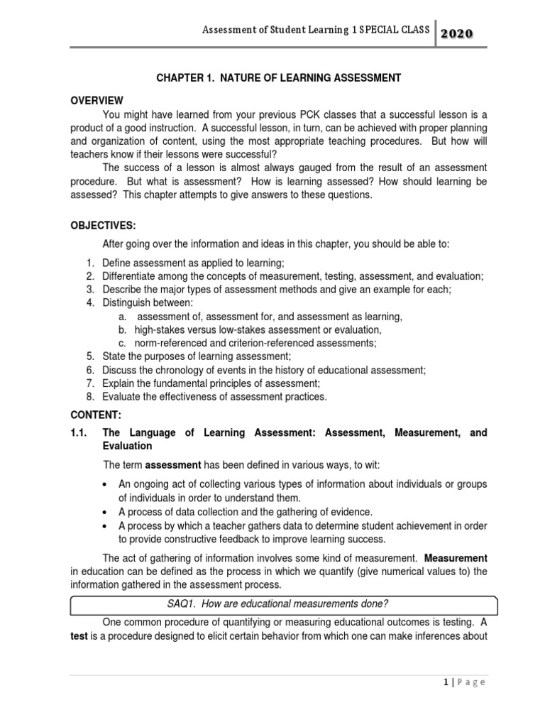 Assessment of Learning Chapter-1 | PDF | Educational Assessment | Test ...