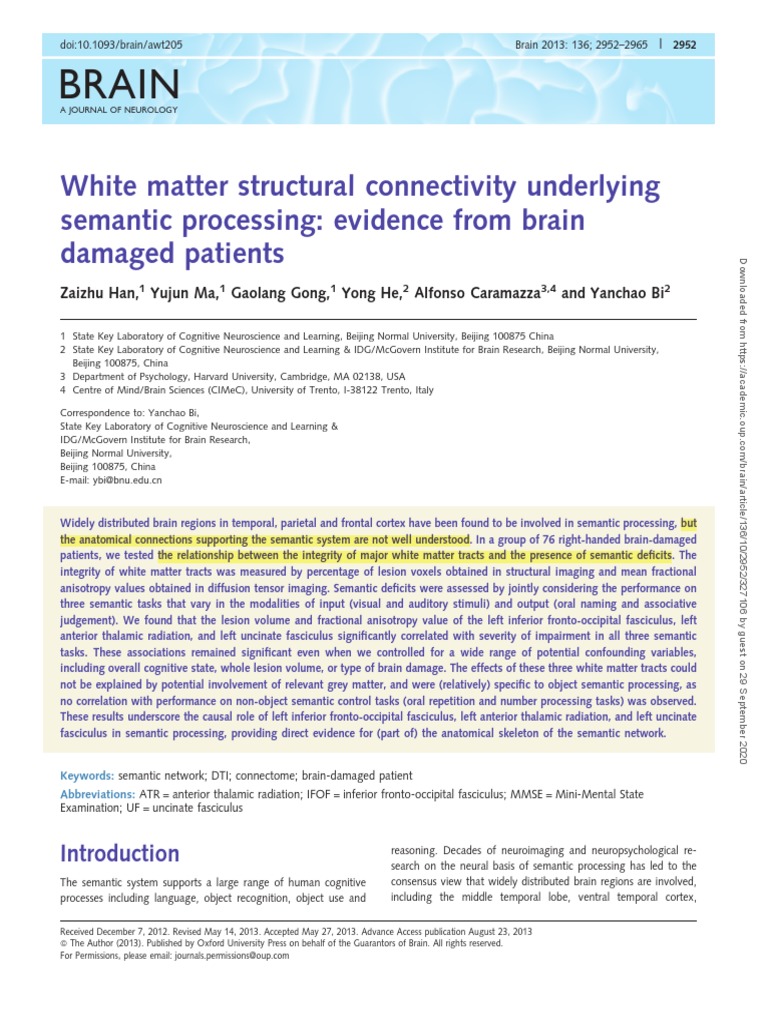 White Matter Structural Connectivity Underlying Semantic Processing Evidence From Brain Damaged ...