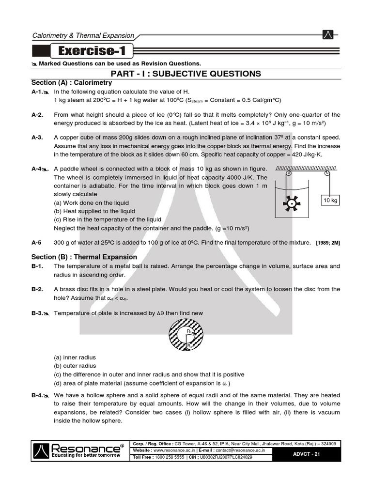 Part - I: Subjective Questions: Section (A) : Calorimetry | PDF ...