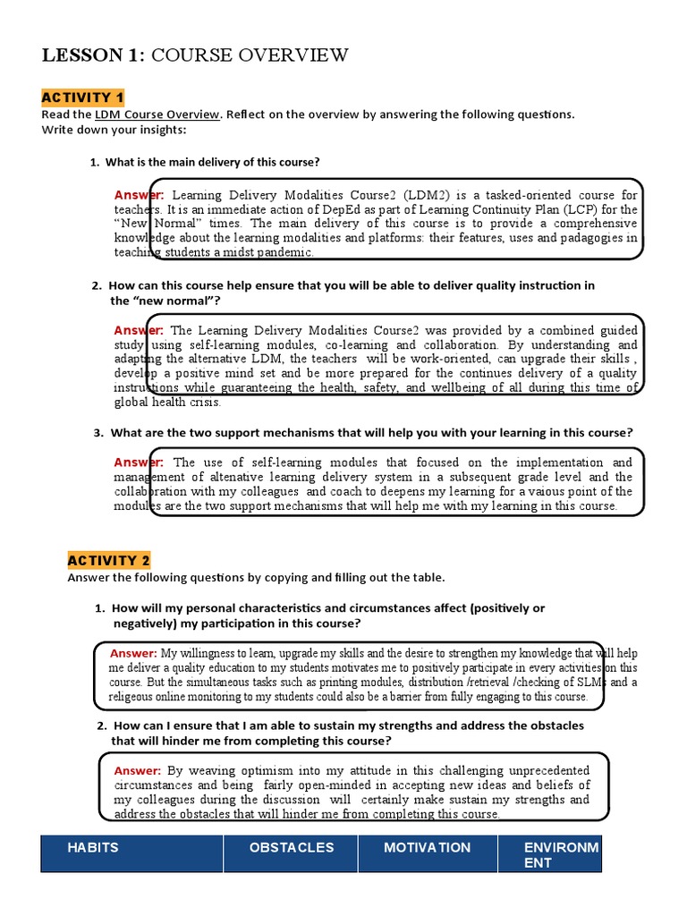 Lesson 1: Course Overview: Answer | Download Free PDF | Educational ...