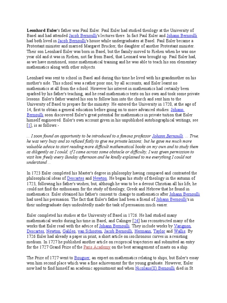 Leonhard Euler's Father Was Paul Euler. Paul Euler Had Studied Theology ...