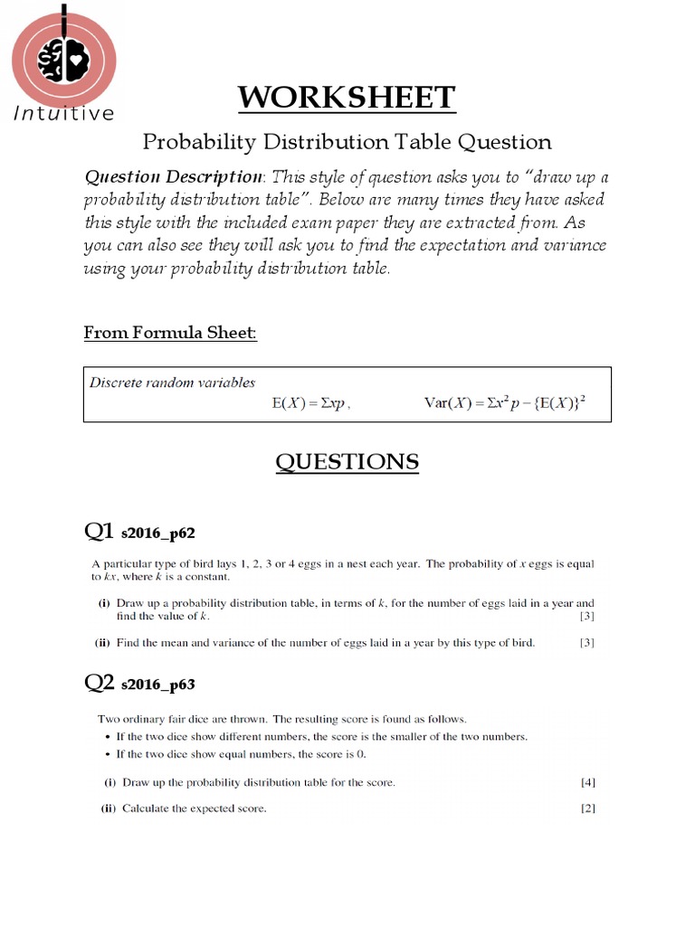 Probability Distribution Table Question Worksheet | PDF