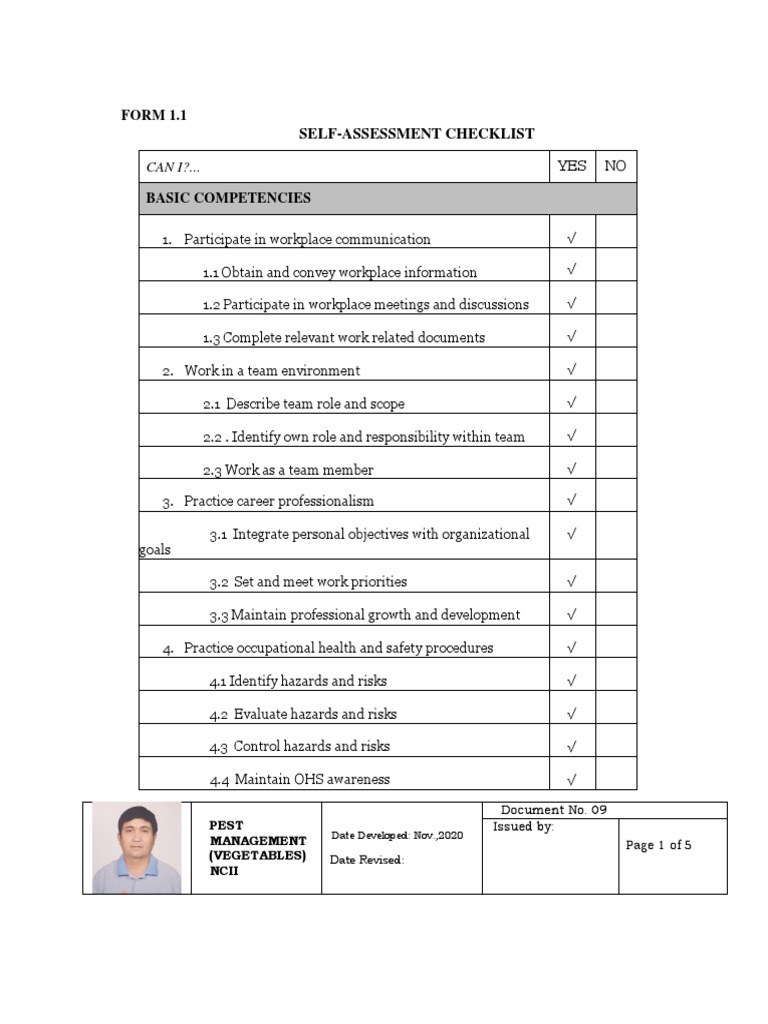 FORM 1 Self Assessment Checklist | PDF | Prevention | Occupational Safety And Health