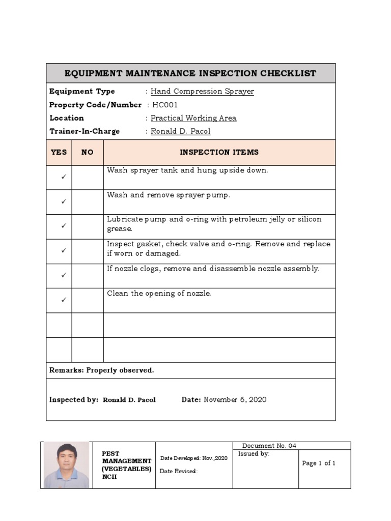 Equipment Maintenance Inspection Checklist 2 | PDF