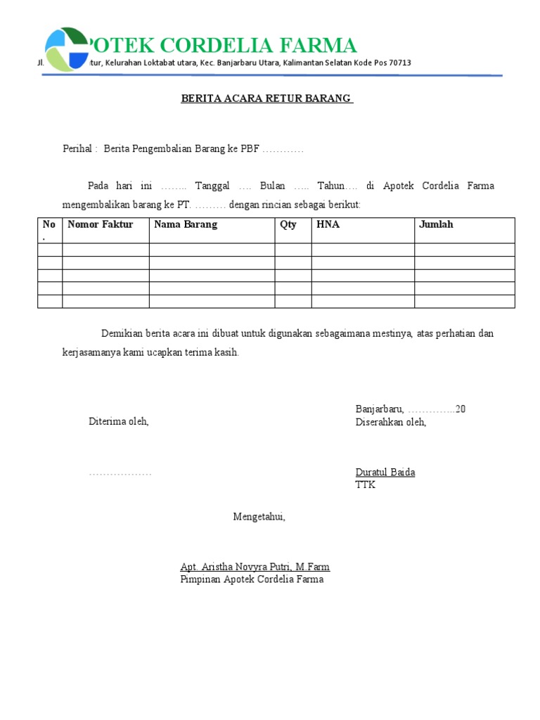Berita Acara Returan Barang Ke PBF | PDF