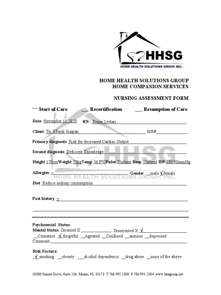 Nursing Assessment Form for Home Care | PDF | Medical Specialties ...