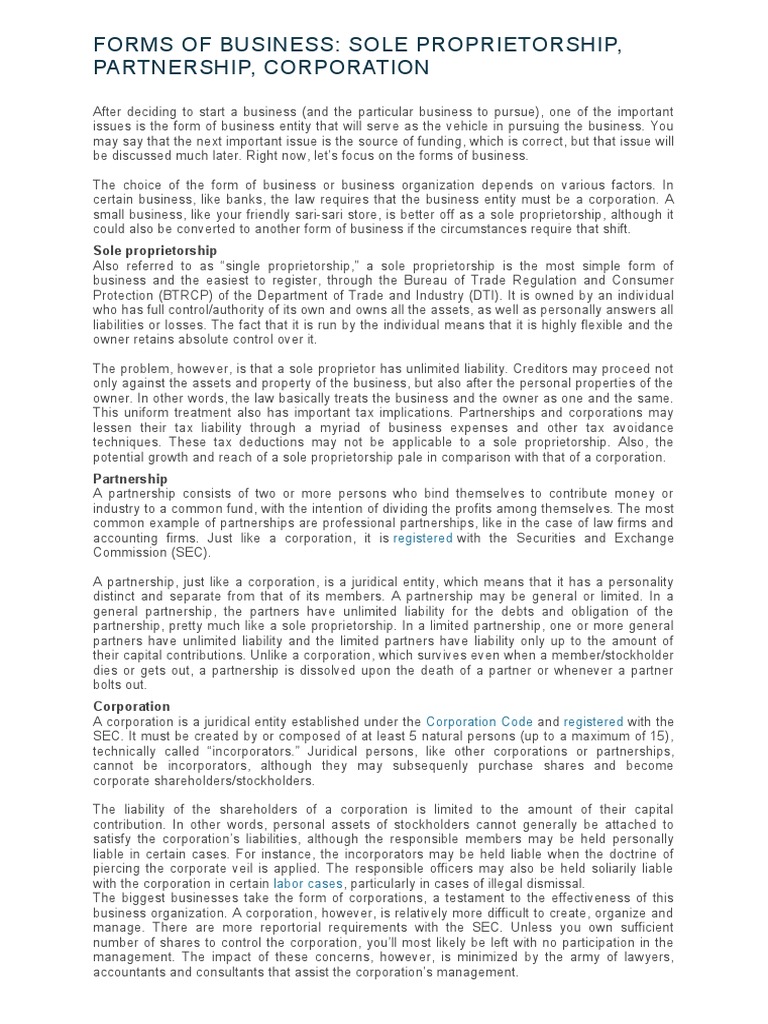 Forms of Business: Sole Proprietorship, Partnership, Corporation | PDF ...