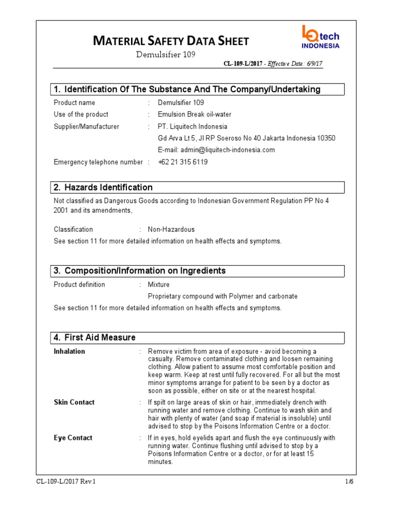 Industrial Safety Data: Demulsifier 109 | PDF | Personal Protective ...
