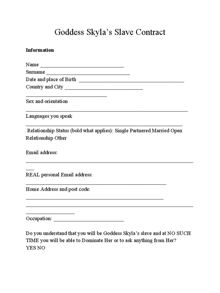 Goddess Skyla's Slave Contract: Information | PDF | Informed Consent ...