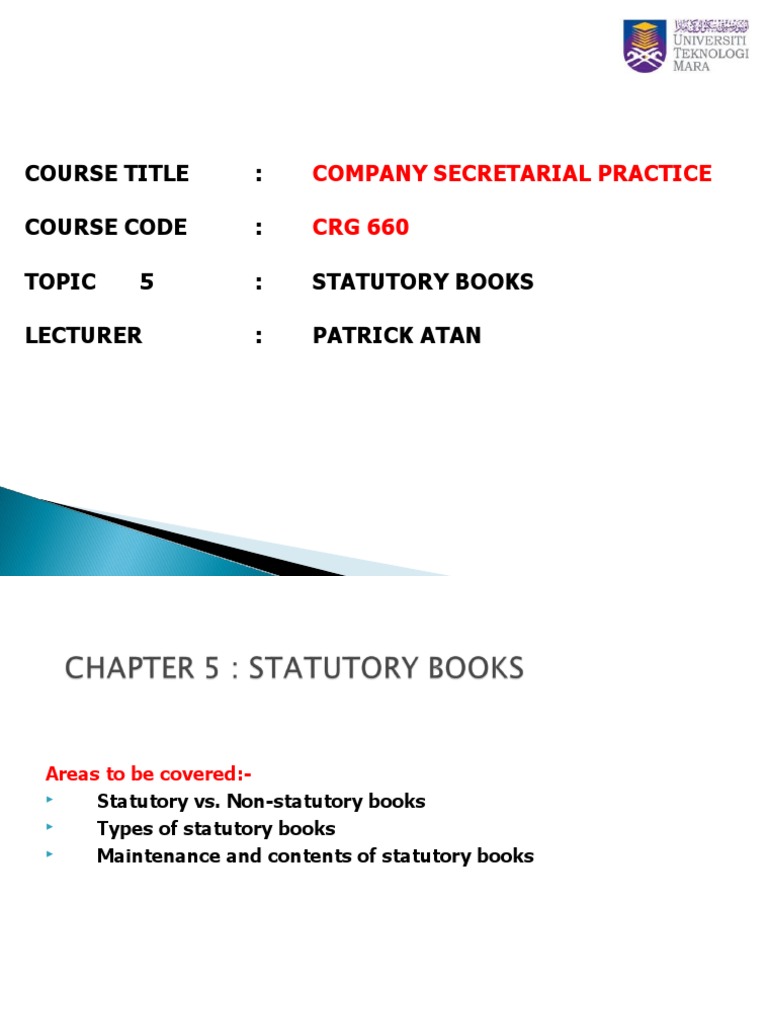 Course Title: Course Code: Topic 5: Statutory Books Lecturer: Patrick ...