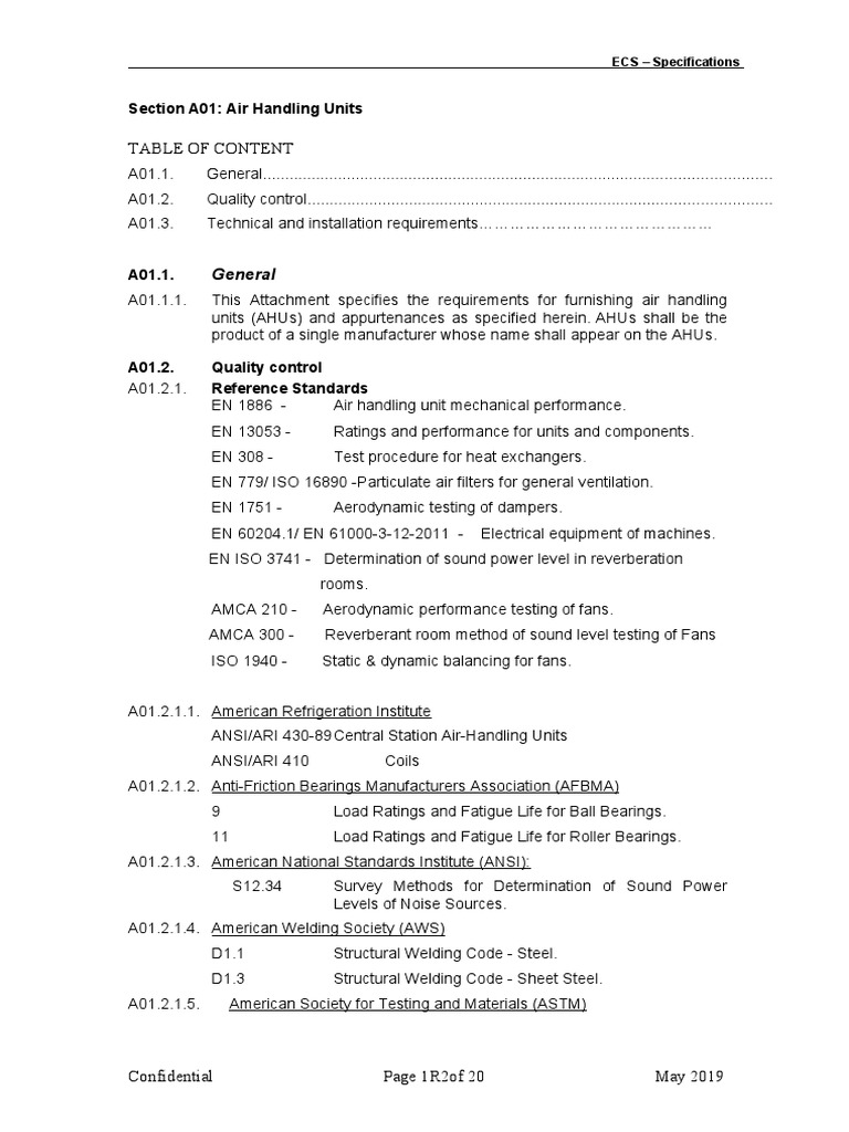 Final AHU Specification 03.09.2020 | PDF | Electric Motor | Pipe (Fluid ...