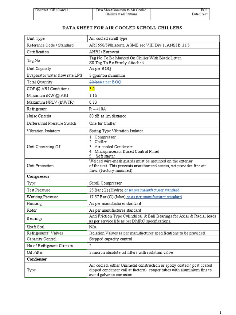 Air Cooled Scroll Chiller Specifications | PDF | Mechanical Engineering ...