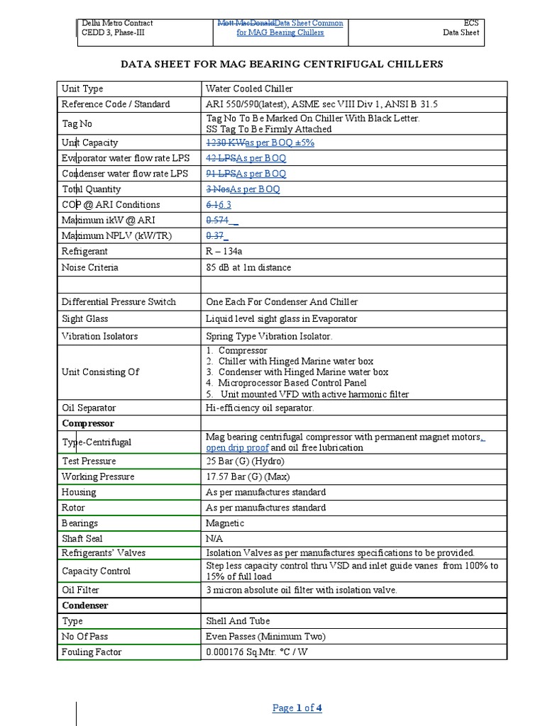 Data Sheet For Mag Bearing Centrifugal Chillers | PDF | Mechanical ...
