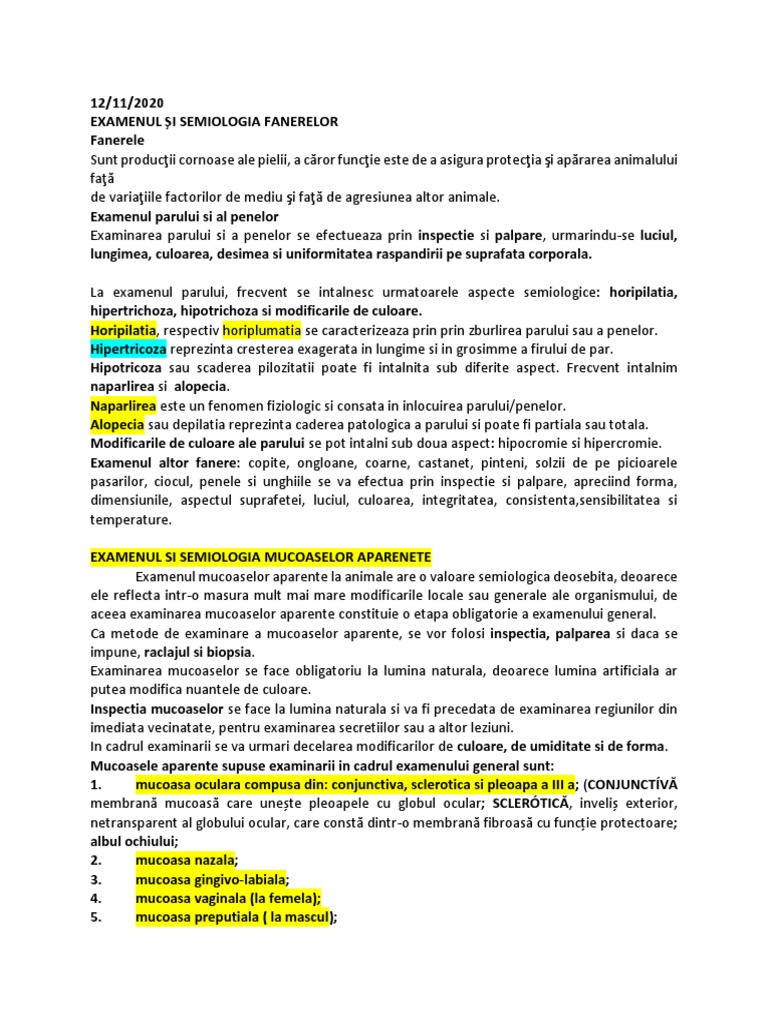 Examenul Clinic - Fanere - Mucoase Aparente - 11 - Noiembrie | PDF