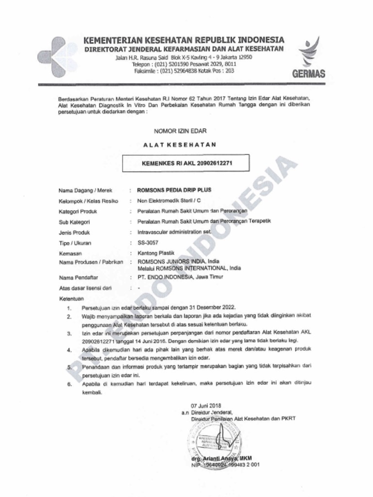 Izin Edar, ROMSONS Pedia Drip Plus | PDF