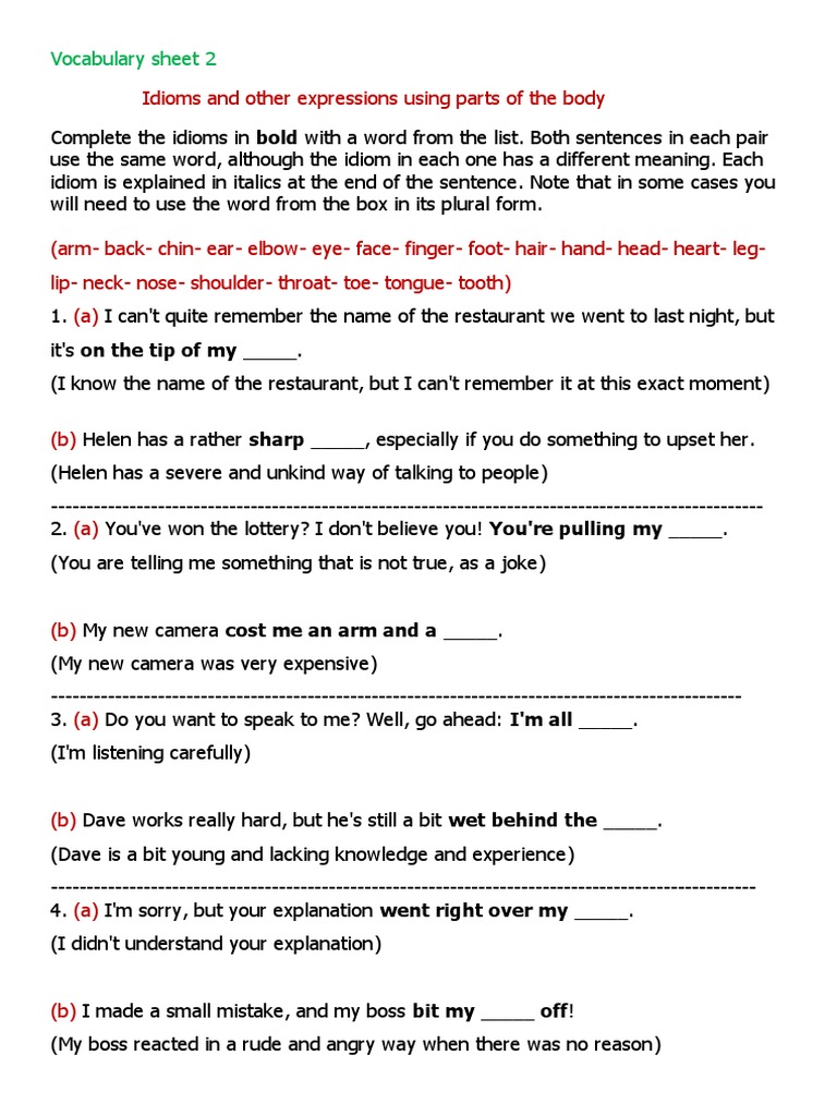 Body Part Idioms Worksheet | PDF