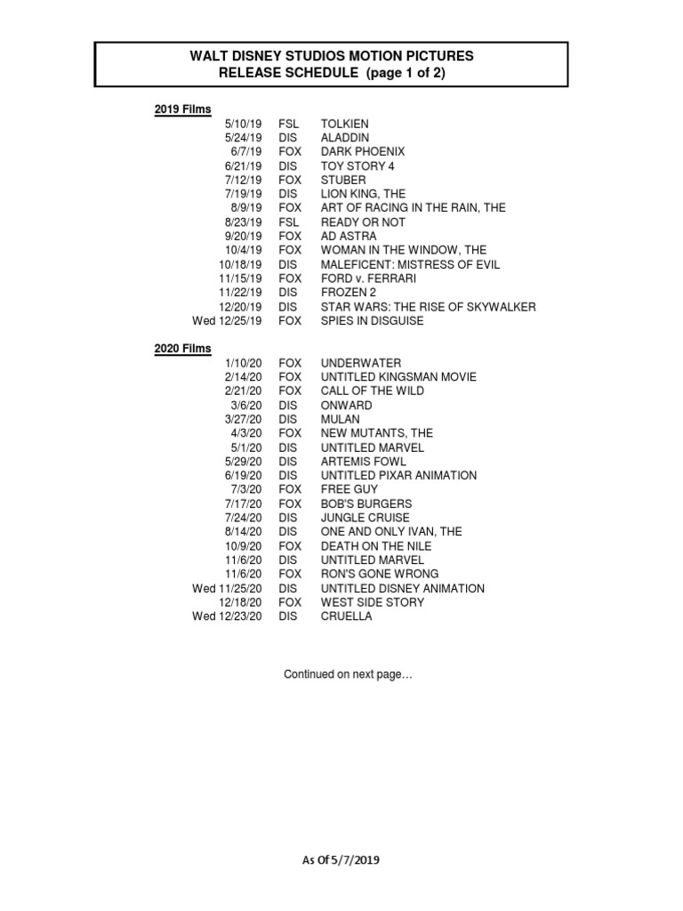 Disney Motion Pictures Release Schedule | PDF | Walt Disney Animation ...