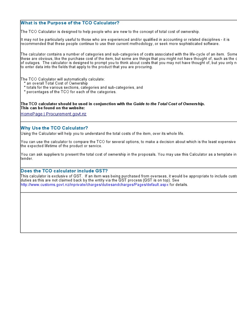 TCO Calculator for Beginners | PDF | Total Cost Of Ownership | Business