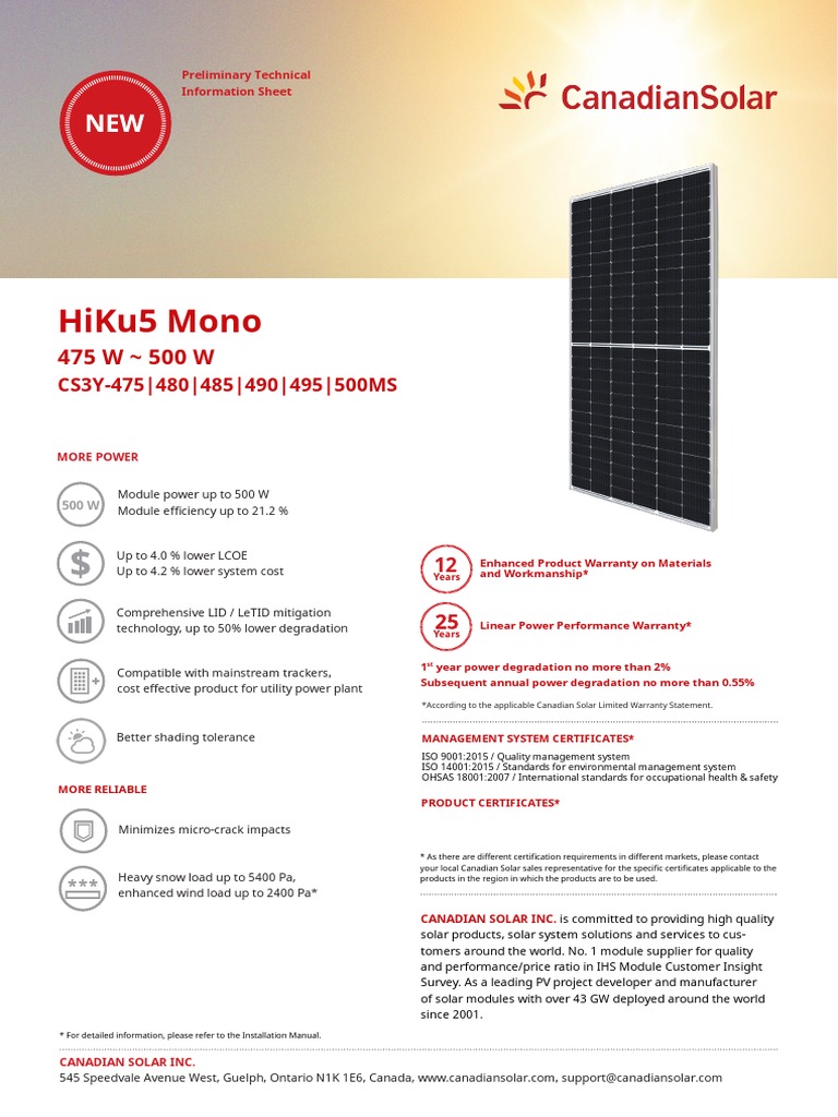 Canadian Solar CS3Y 475-500W Datasheet | PDF | Photovoltaics ...