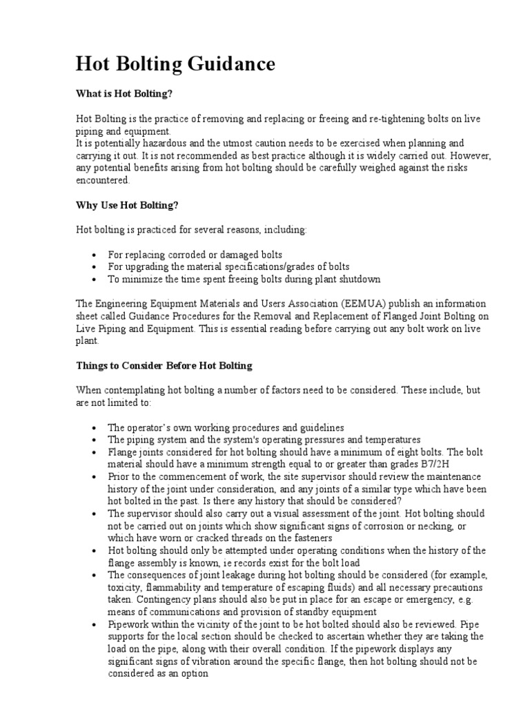 Hot Bolting Procedure and Safety Guide | PDF | Nut (Hardware) | Screw