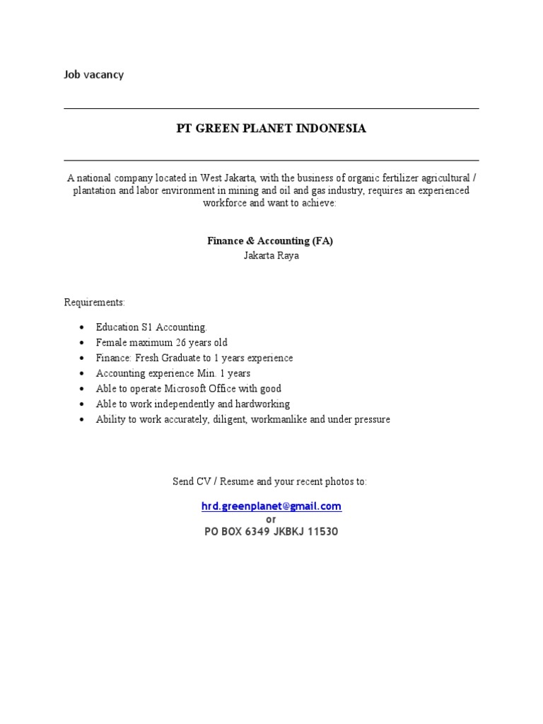 Job Vacancy: PT Green Planet Indonesia | PDF | Computing | Business