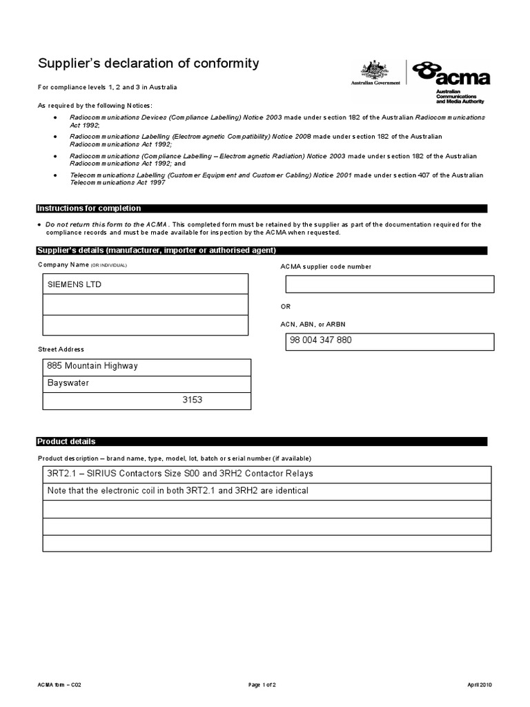 Supplier's Declaration of Conformity: Instructions For Completion | PDF ...