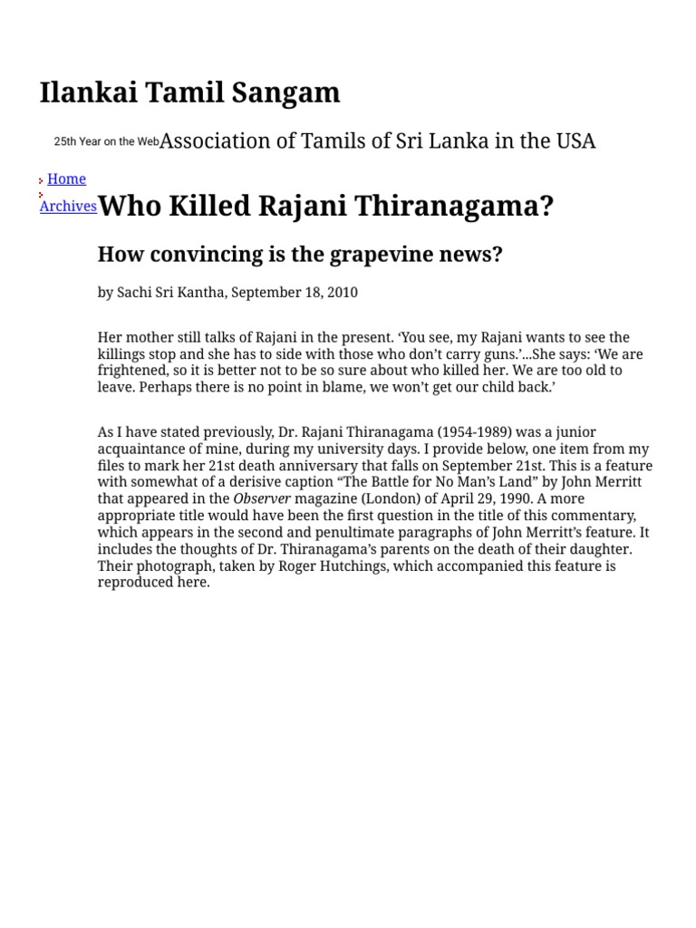 Who Killed Rajani Thiranagama - How Convincing Is The Grapevine News ...