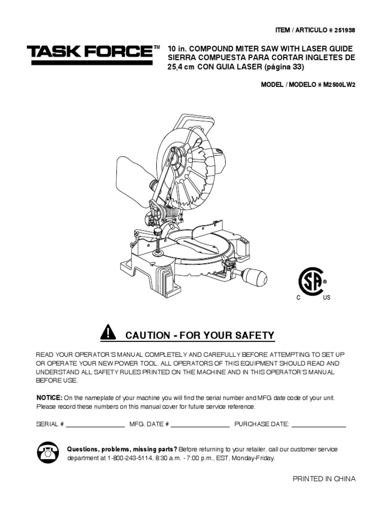 Chop Saw - 251938 - M2500LW2 - Task Force 10in Cmpd. Miter Saw | PDF ...