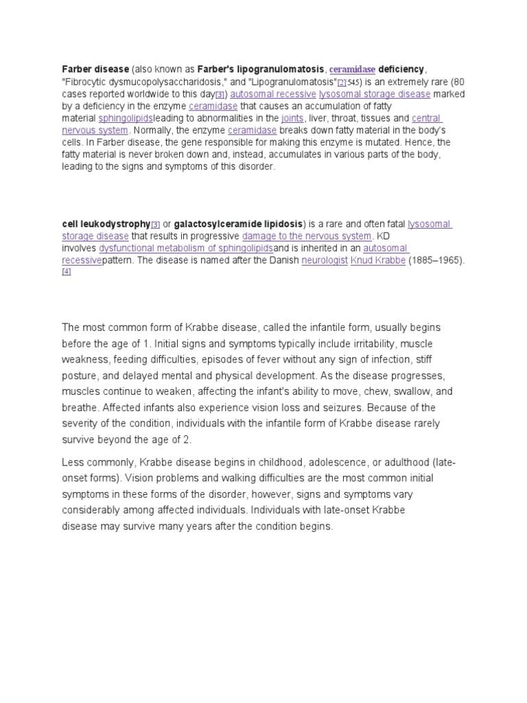Farber Disease (Also Known As Farber's Lipogranulomatosis, Deficiency | PDF