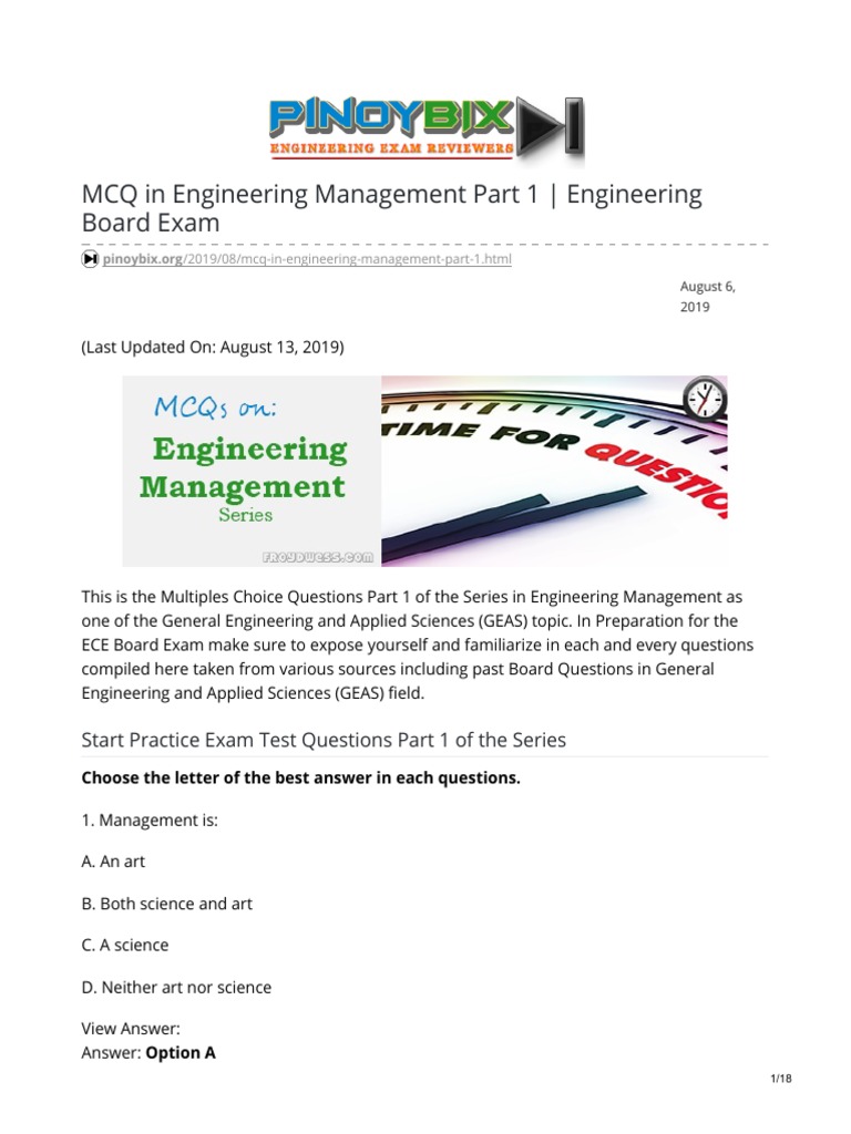 Engineering Management MCQs for ECE Exam | PDF | Multiple Choice ...