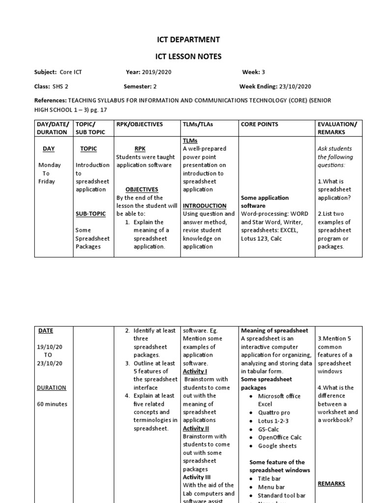 Lesson Notes ICT FORM 2 LESSON 3 | PDF | Spreadsheet | Worksheet