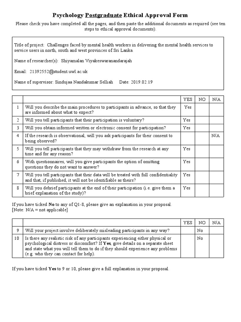 Psychology Ethics Form SV | PDF | Psychiatrist | Mental Disorder