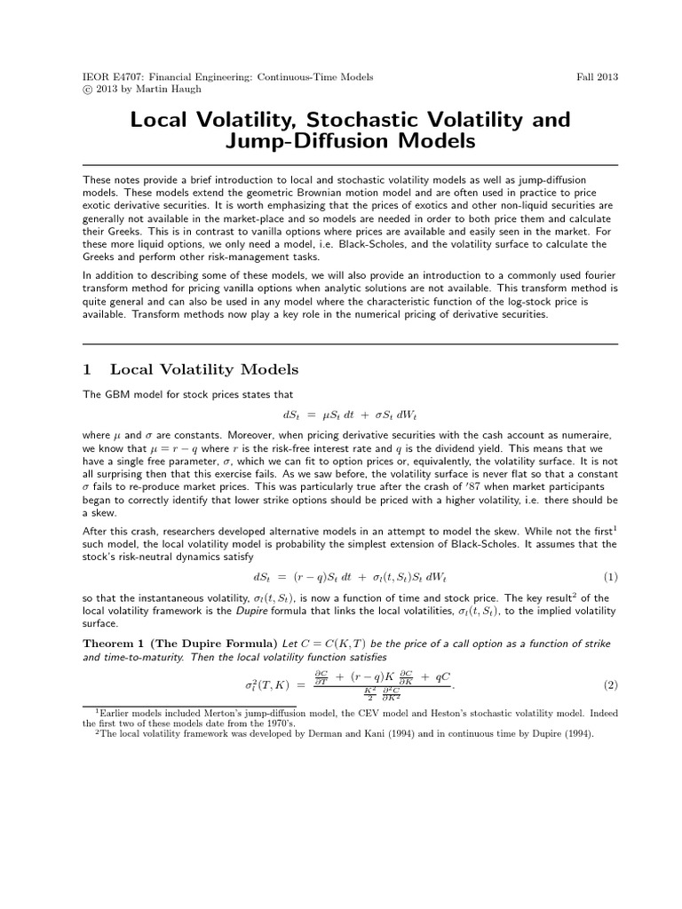Local Volatility Stochastic Volatility And Jump Diffusion Models