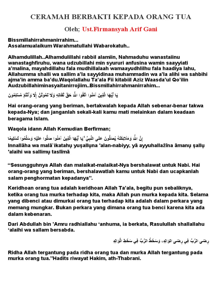 Ceramah Berbakti Kepada Orang Tua | PDF