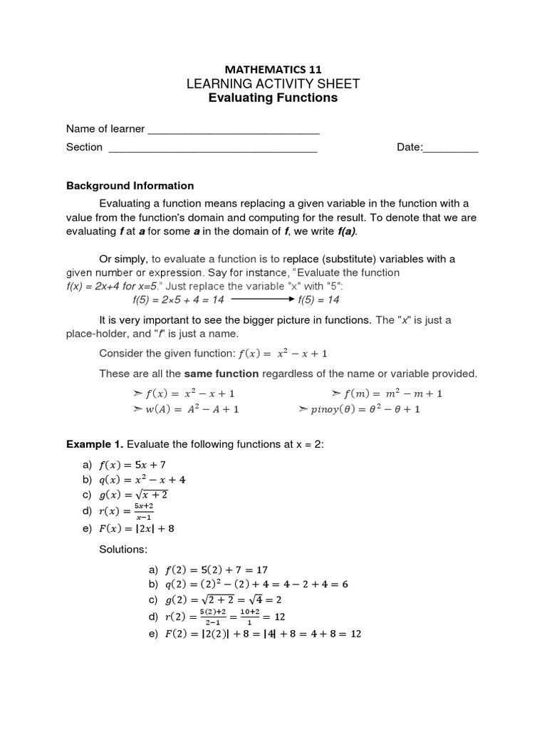 Learning Activity Sheet: Mathematics 11 Evaluating Functions | PDF | Function (Mathematics ...